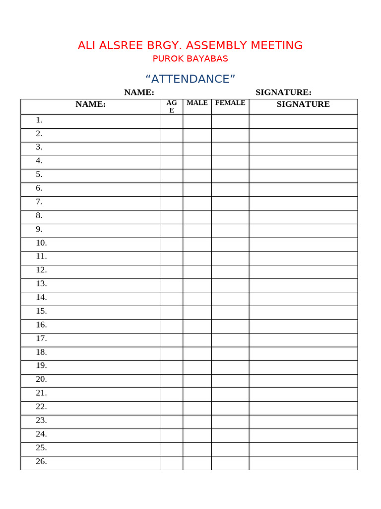 Brgy. Assembly Meeting Attendance List | PDF