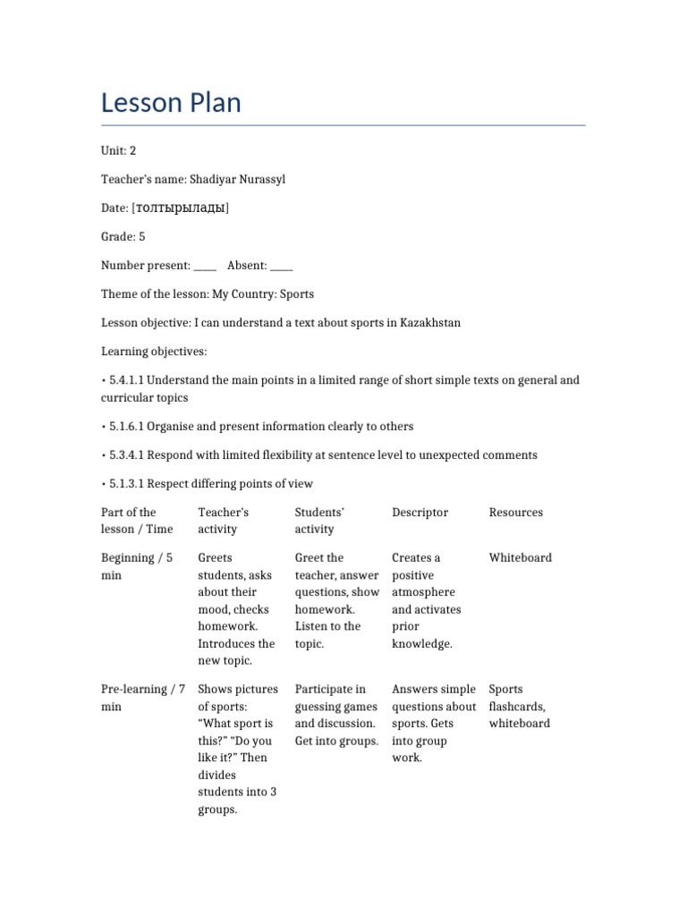 Lesson Plan My Country Sports Nurassyl | PDF | Vocabulary | Cognitive ...