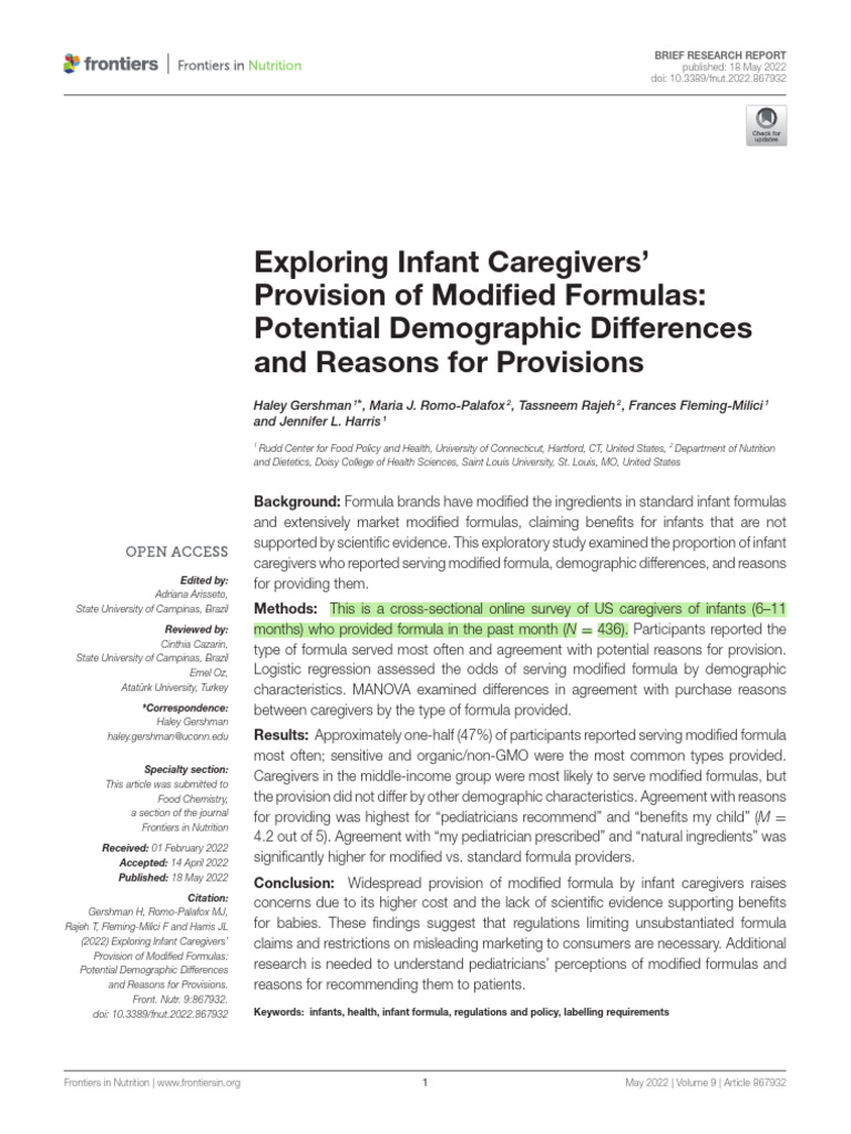 Exploring Infant Caregivers' Provision of Modified Formulas: Potential ...