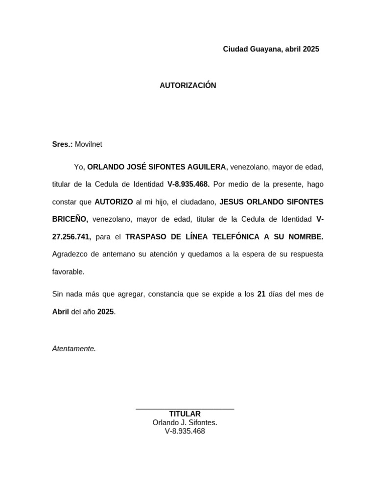 Autorización de Traspaso de Linea | PDF