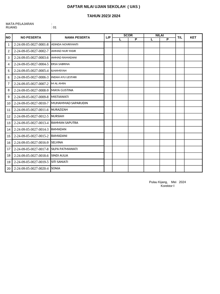 Blangko Nilai Uas Kls 9 2024 | PDF