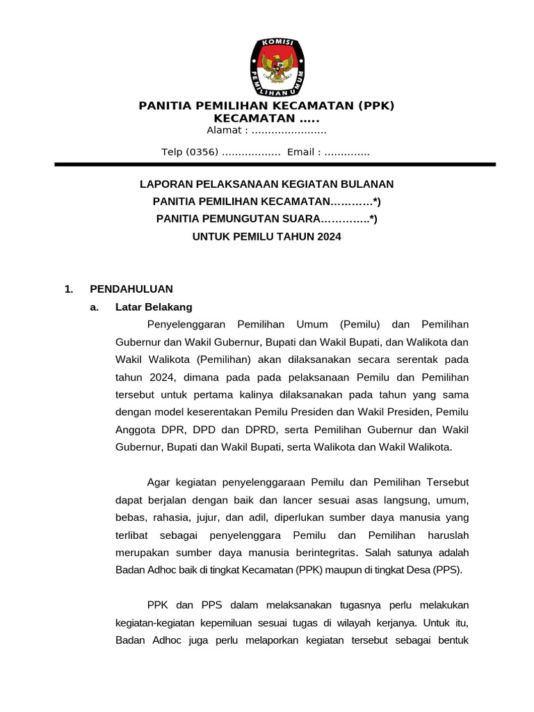 DRAFT Laporan Kegiatan Badan Adhoc | PDF