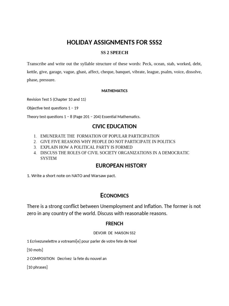 Holiday Assignments For Sss2 | PDF | Density | Force