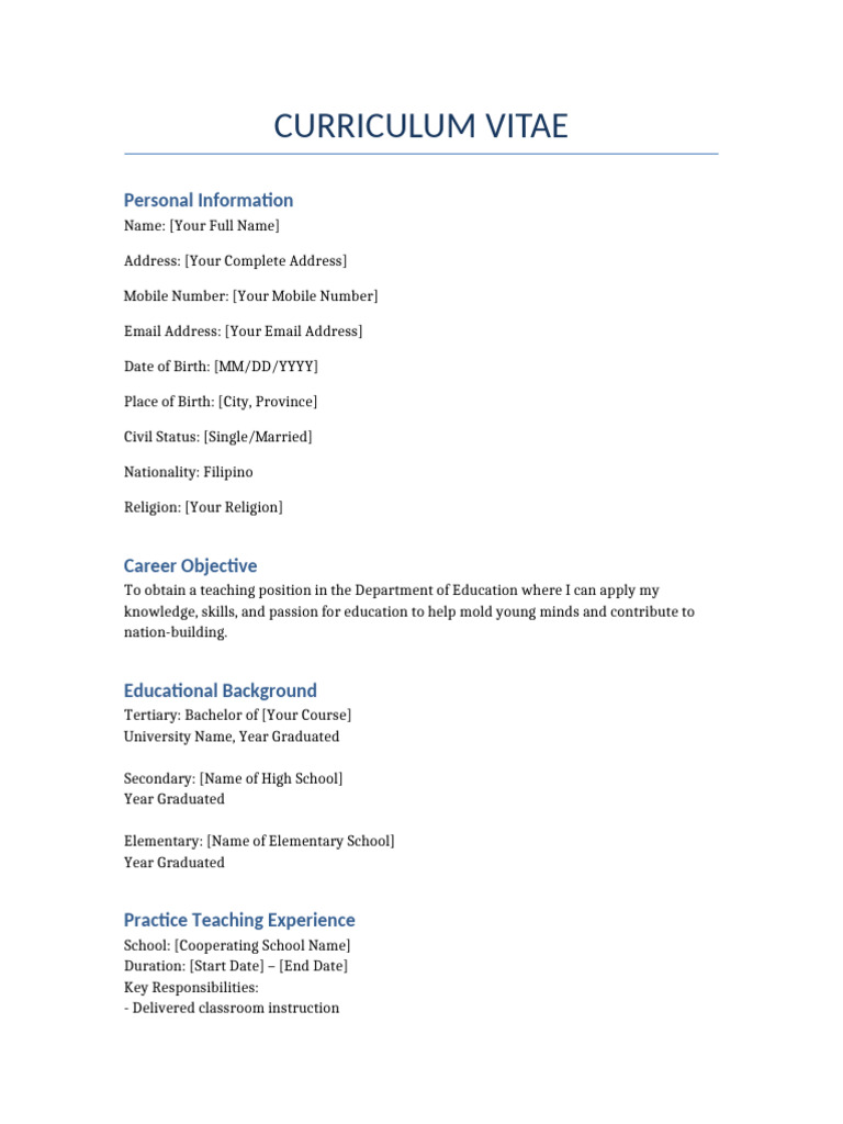 Professional DEPED Teacher Resume Template | PDF