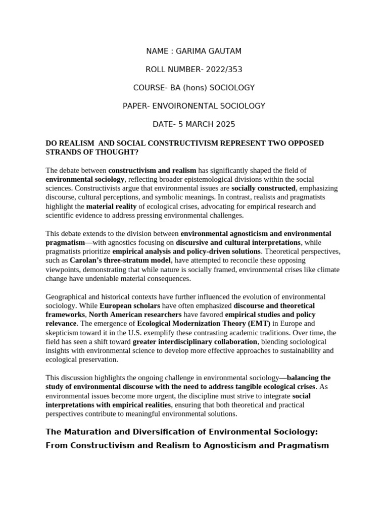 Realism vs. Constructivism in Environmental Sociology | PDF | Sociology ...