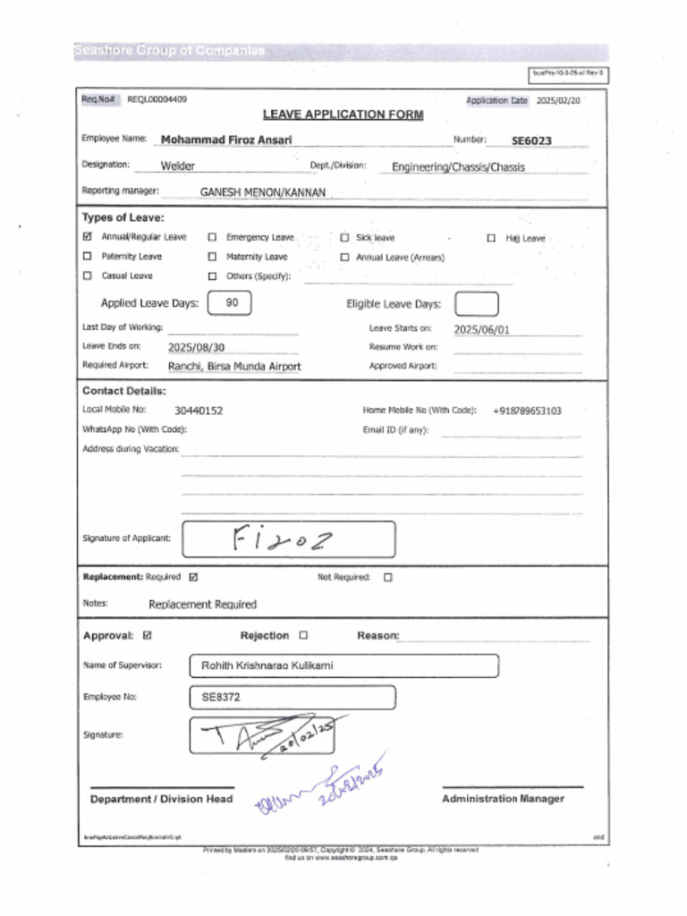 Leave Req 4409 | PDF