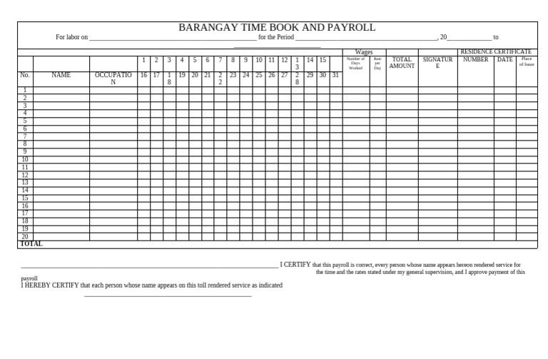 Barangay Time Book and Payroll | PDF