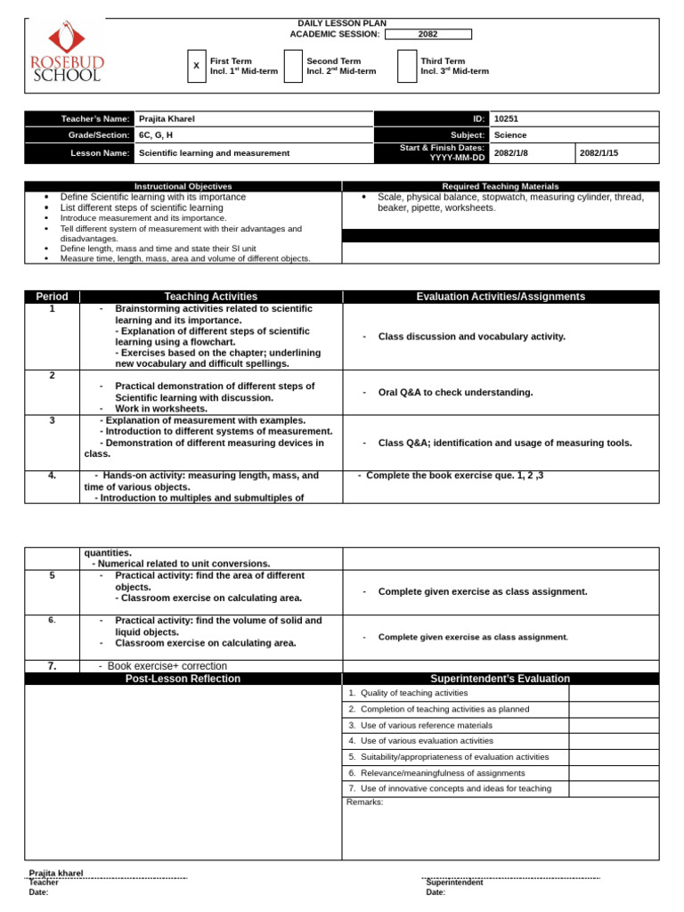 Science Lesson Plan: Measurement & Learning | PDF | Teachers | Lesson Plan
