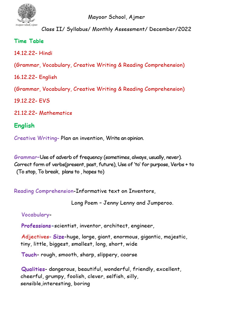 Monthly Assessment Syllabus for Class II | PDF