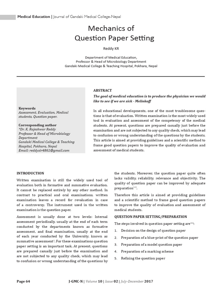 Mechanics of Question Paper Setting | PDF | Learning | Medical Education
