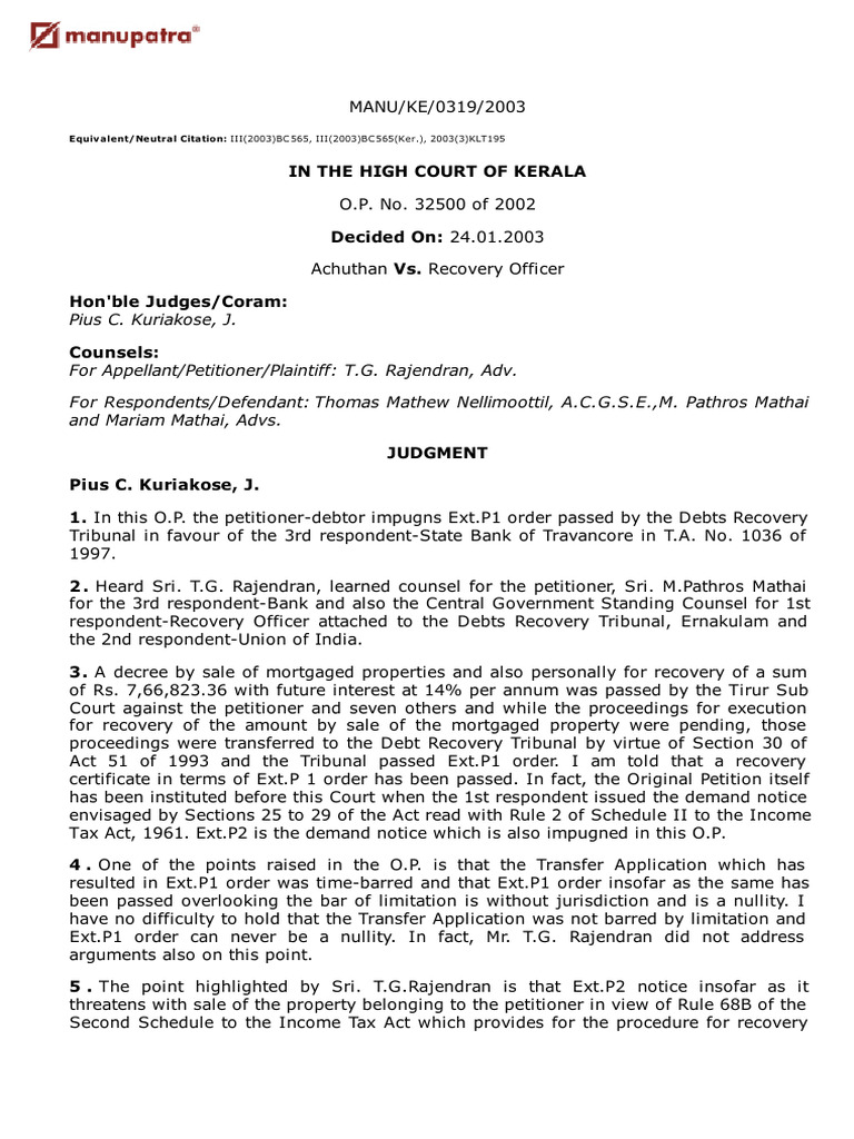 Achuthan Vs Recovery Officer 24012003 KERHCk030319COM100296 | PDF ...