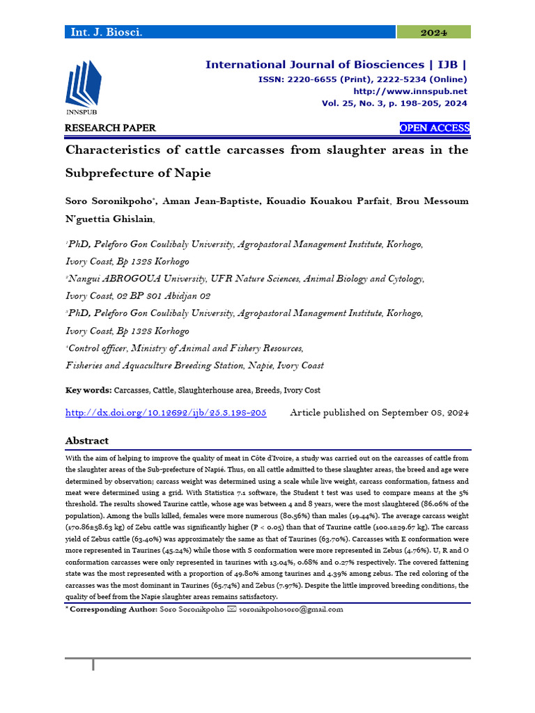 Characteristics of Cattle Carcasses From Slaughter Areas in The ...