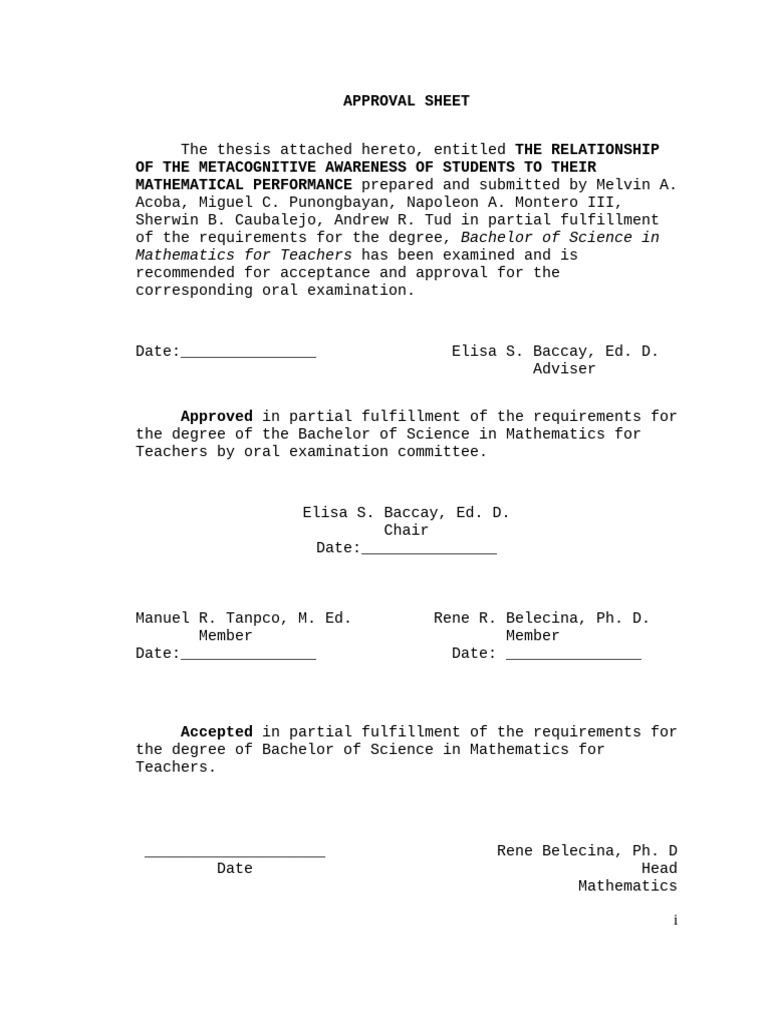 Approval Sheet To Abstract | PDF | Metacognition | Cognition