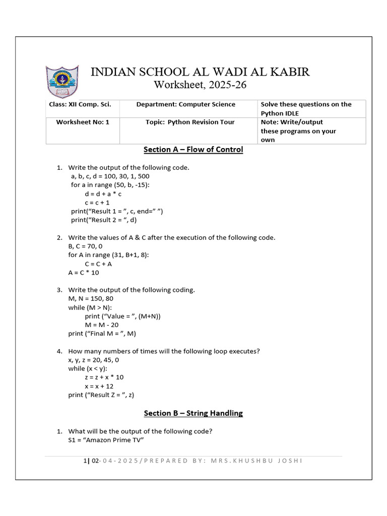 6781794-XII - CS - Worksheet 1 - RevisionTour | PDF | Software Engineering | Control Flow