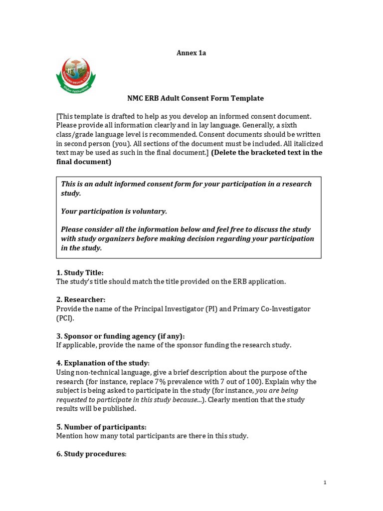ERB Annex 1A Adult Consent Form | PDF | Consent | Risk