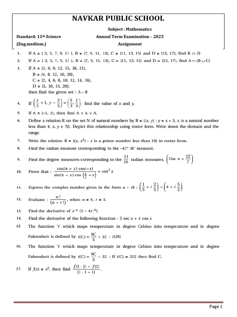 STD 11TH Science Maths em Assignment-1 | PDF