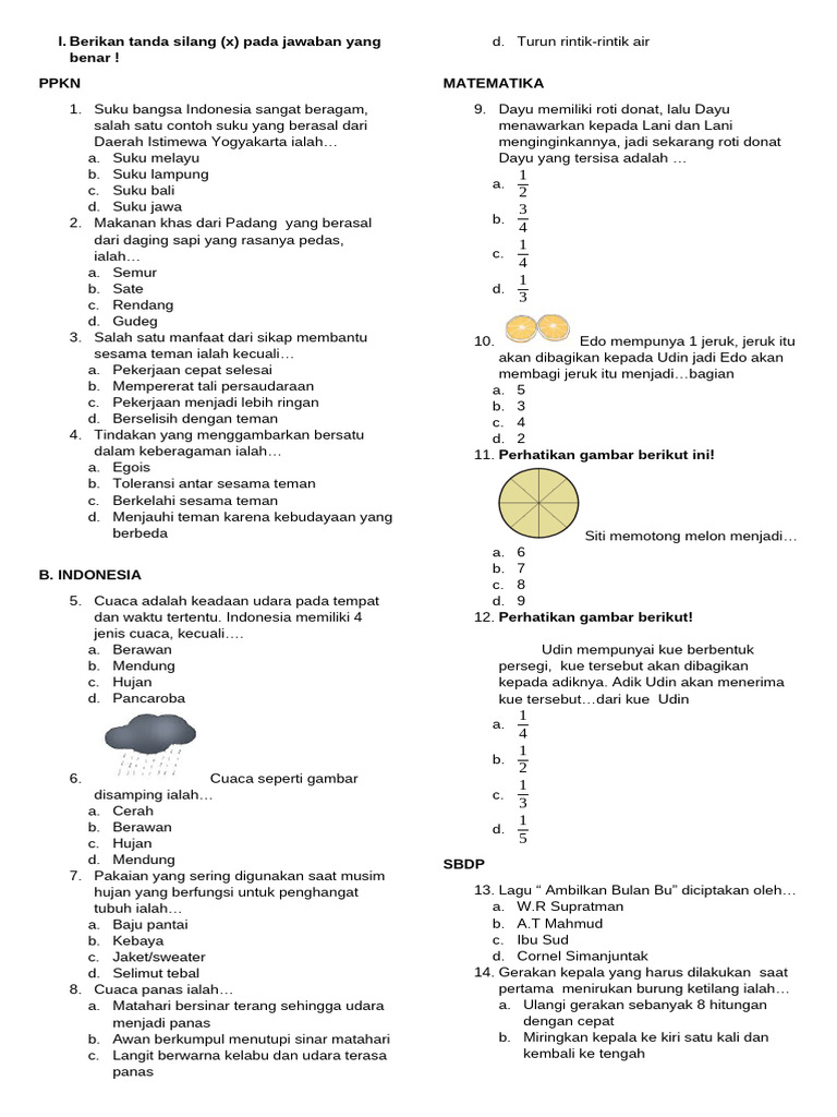 Soal PTS KELAS 3 Hari Ke 1 (Tema 5 Sub 1 2) Kelas 3 SMT 2 | PDF