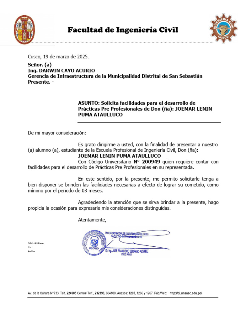 Carta de Presentación 2025 Joemar Lenin Puma Ataulluco | PDF