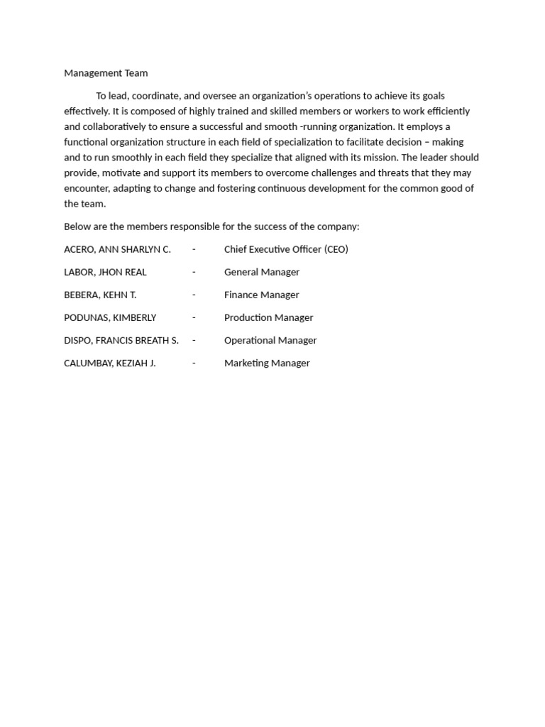 Management Team Overview and Roles | PDF