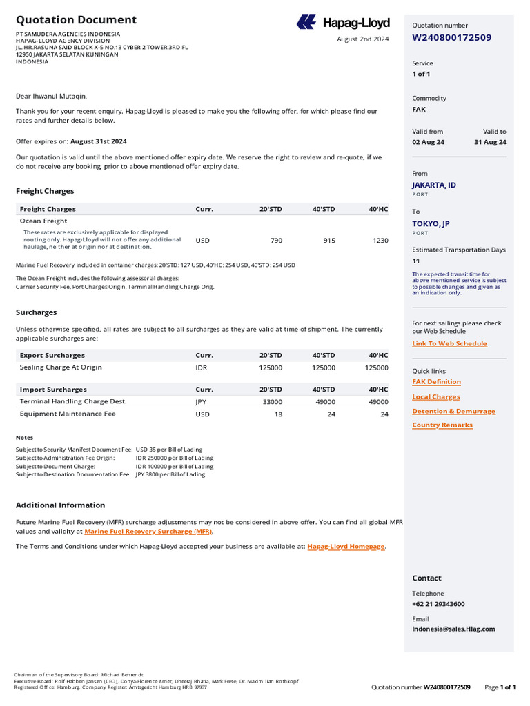 Quotation W240800172509 IDJKT JPTYO | PDF | Cargo | Fee