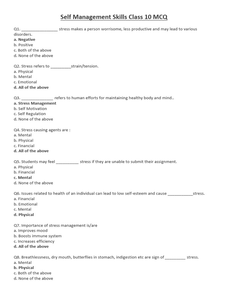 Day 2 Answer Key - MCQ Self Management Skills Class & Electronic Spreadsheet Cal - Ans | PDF ...