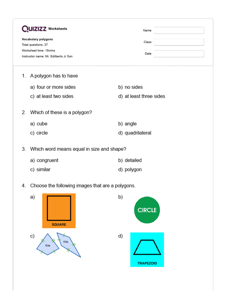 Vocabulary Polygons Quiz | PDF | Rectangle | Triangle