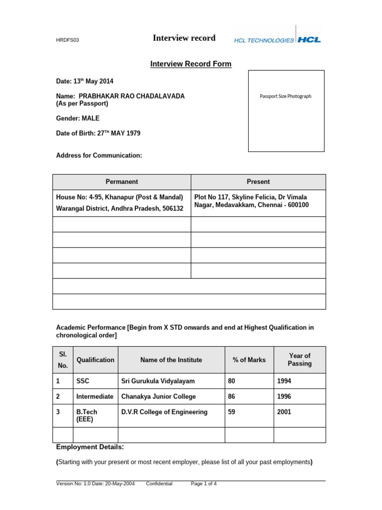 Interview Record Form HCL Technologies | PDF | Identity Document ...
