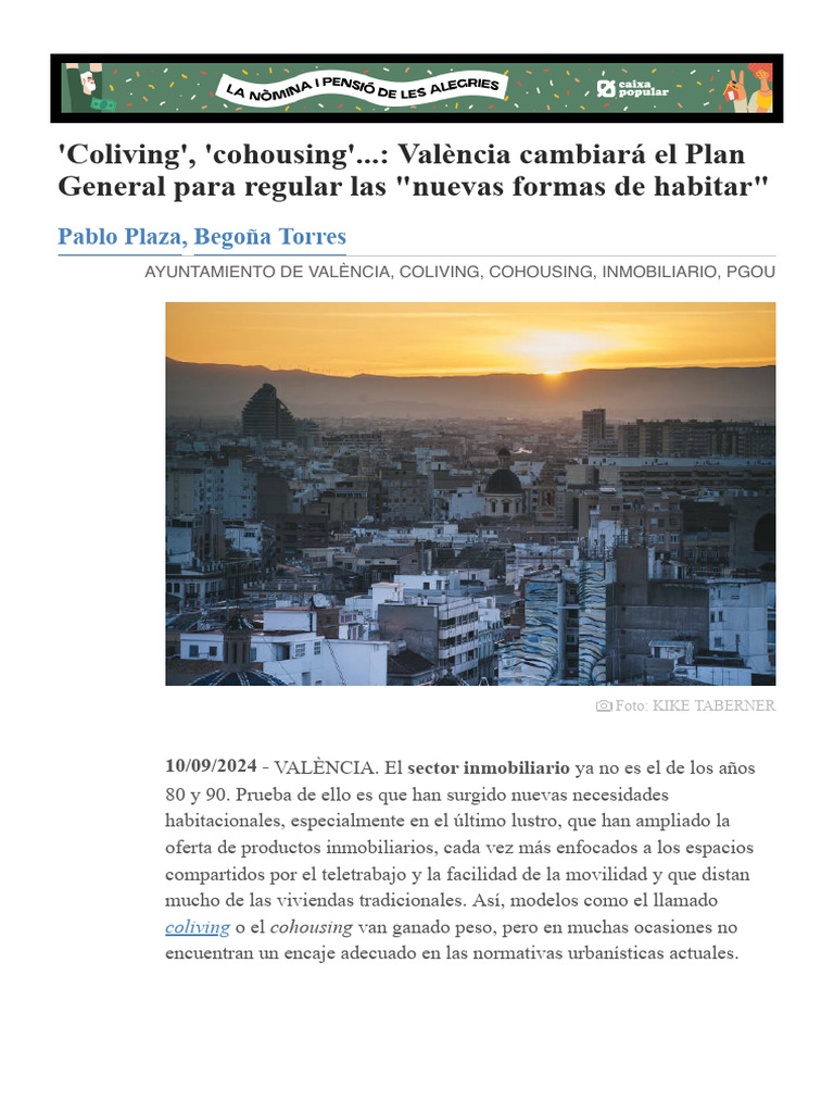 'Coliving', 'Cohousing'... - València Cambiará El Plan General para Regular Las "Nuevas Formas ...