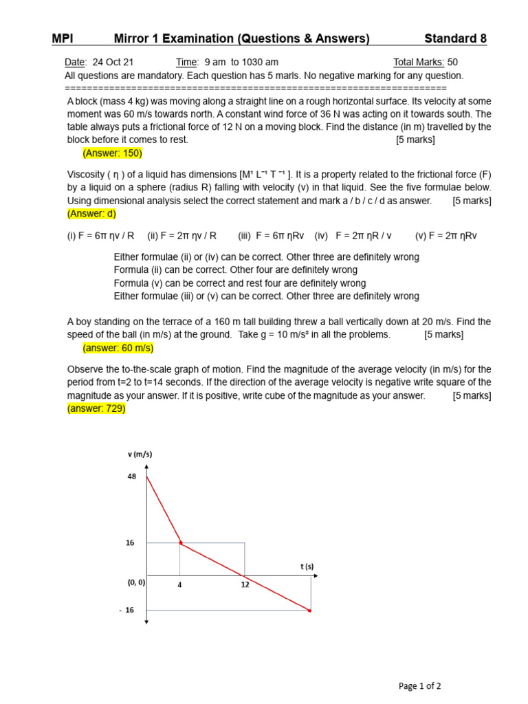 8th 2021-10 Exam QP 21oct21 - With Answer Key | PDF | Force | Velocity
