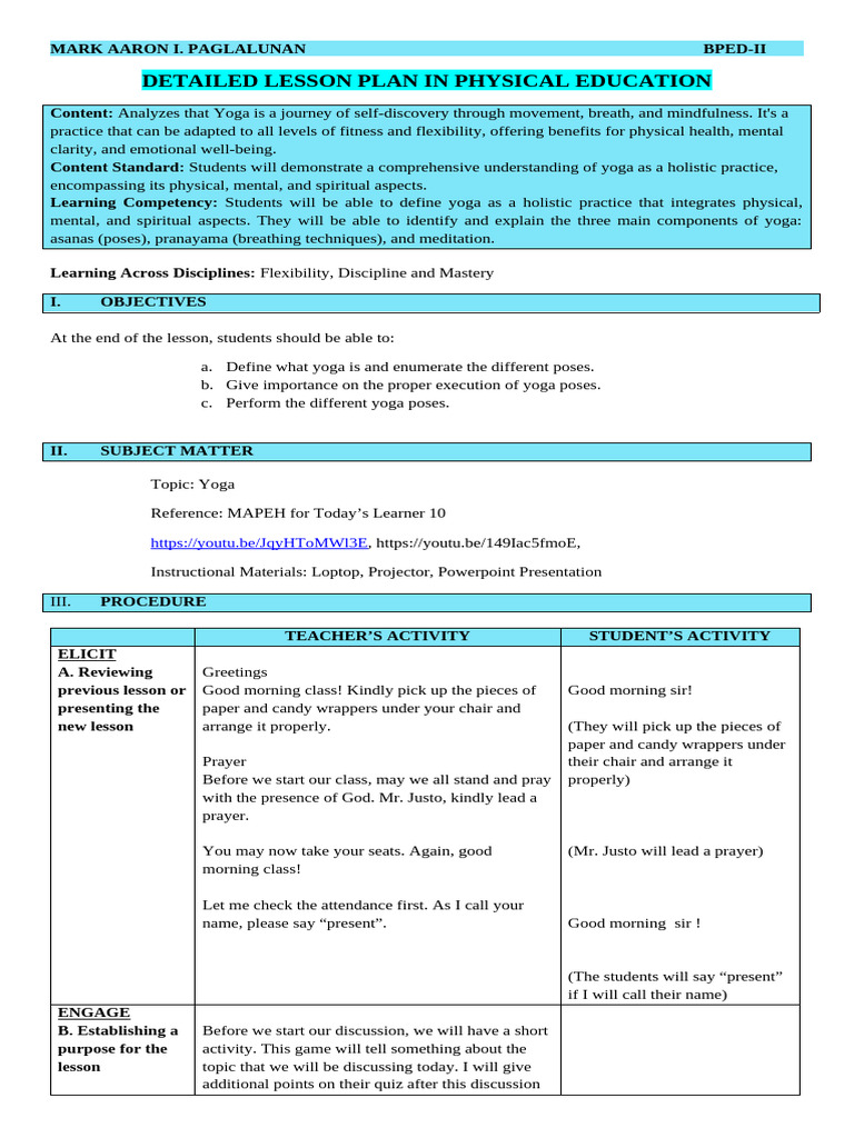 Aaron's Detailed Lesson PLan (PE) 7e's | PDF | Asana | Yoga