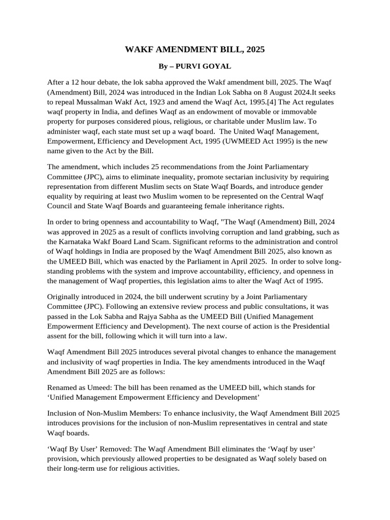 WAKF AMENDMENT BILL Purvi Goyal | PDF | Government | Justice