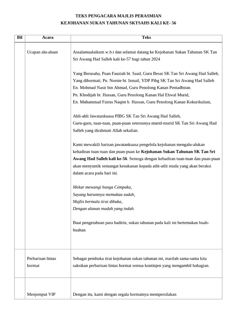 Teks MC SUKAN TAHUNAN KE 56 2024 | PDF