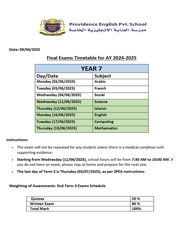 End Term 3 Exams Y7 | PDF