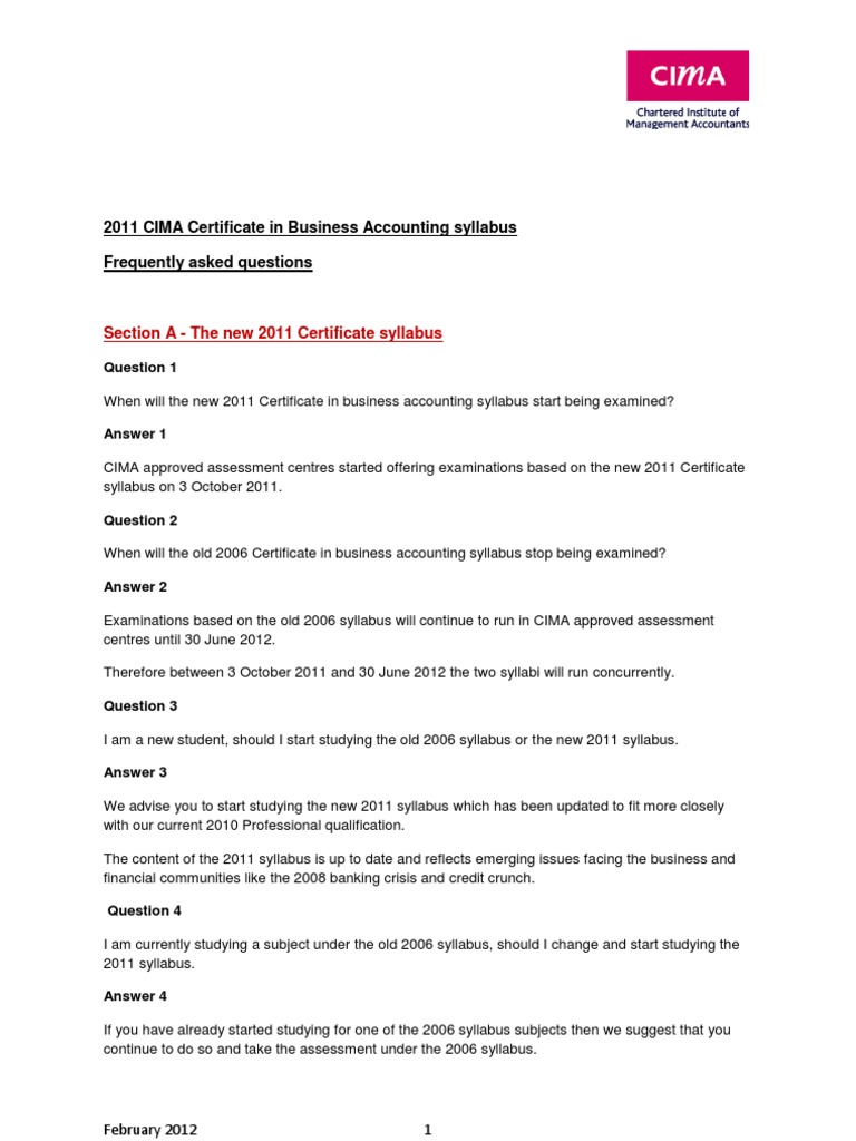 2011 CIMA Certificate in Business Accounting Syllabus Frequently Asked ...
