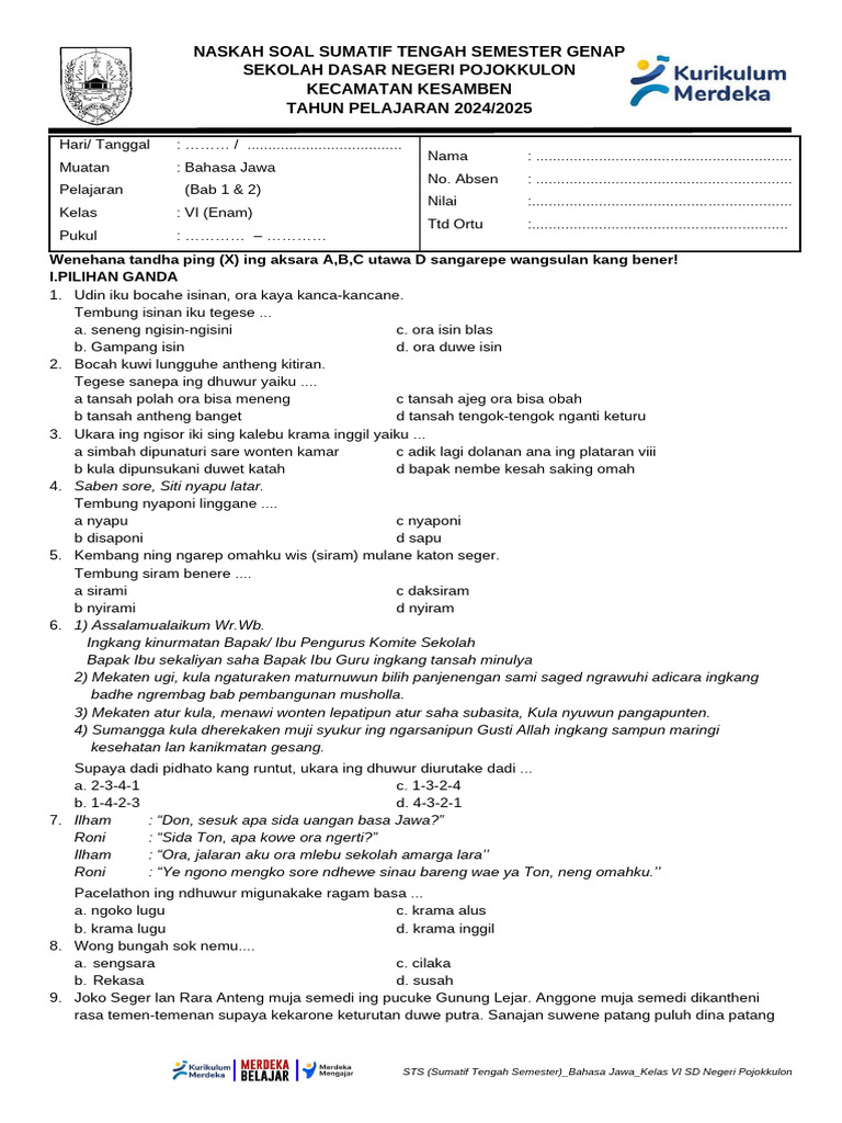 KUMER - VI - BAHASA JAWA BAB 1 & 2 - NASKAH SOAL - 2025 | PDF