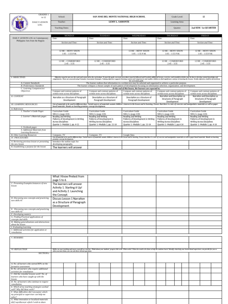 Grade 12 Daily Lesson Log: Arts | PDF | Curriculum | Learning