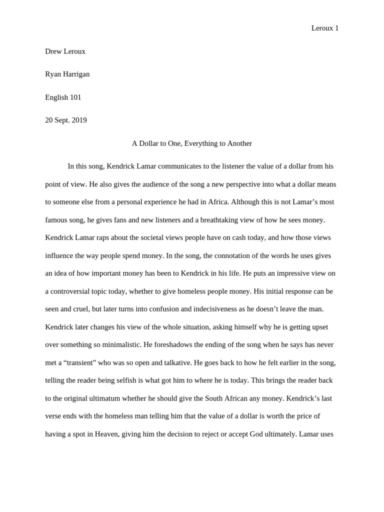 Kendrick Lamar's "Dollar" Perspective | PDF