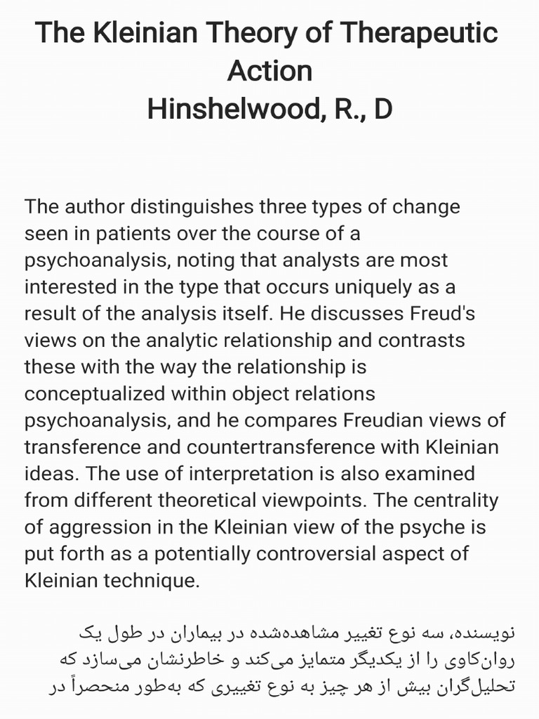 The Kleinian Theory of Therapeutic | PDF | Psychoanalysis | Object ...
