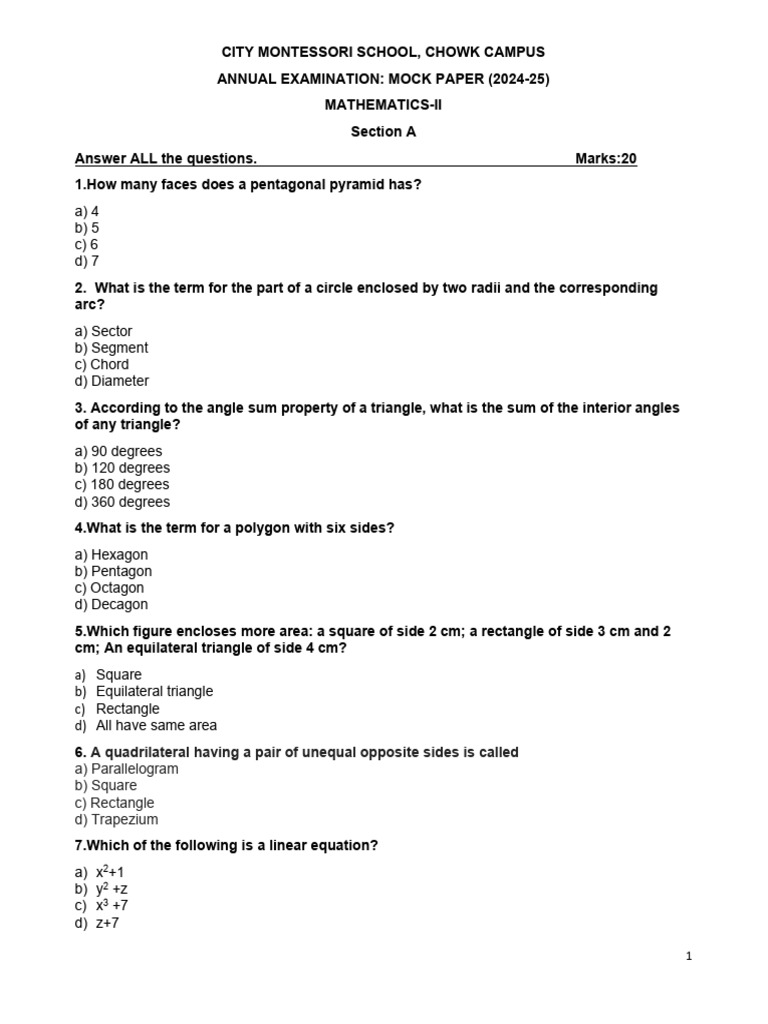 City Montessori School Math Mock Paper | PDF | Triangle | Rectangle