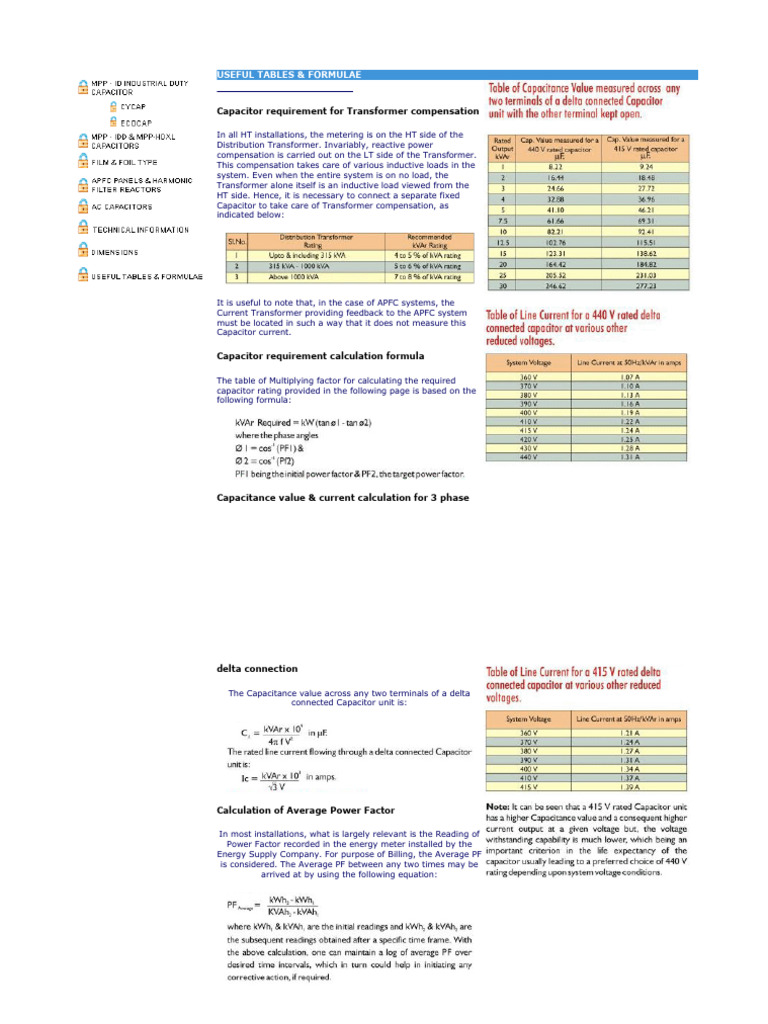 Useful Tables for Power Factor Capacitor | PDF | Capacitor | Transformer