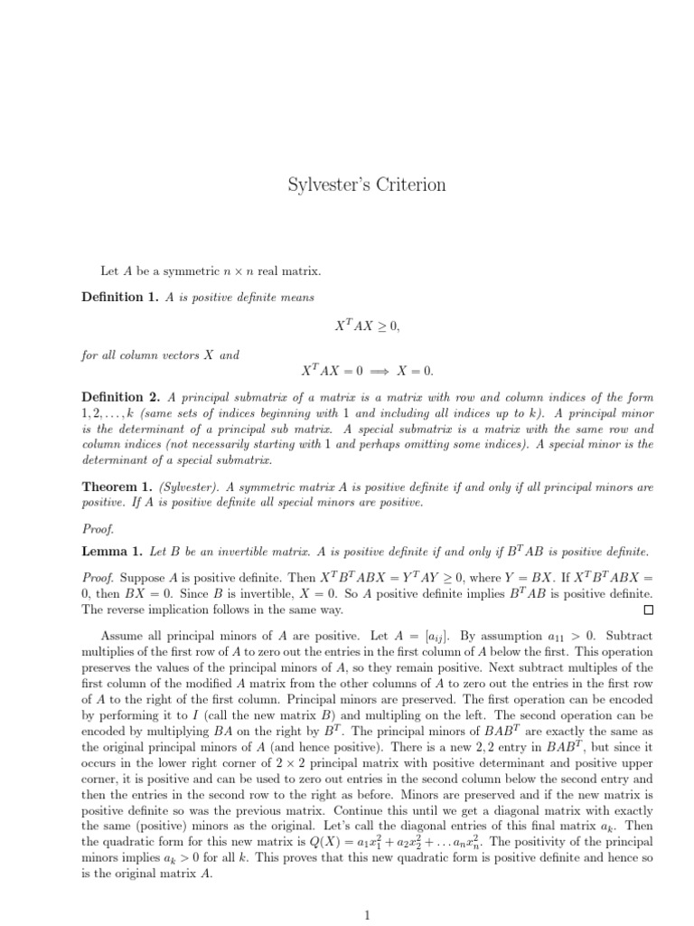 sylvester positive definite | PDF | Matrix (Mathematics) | Determinant