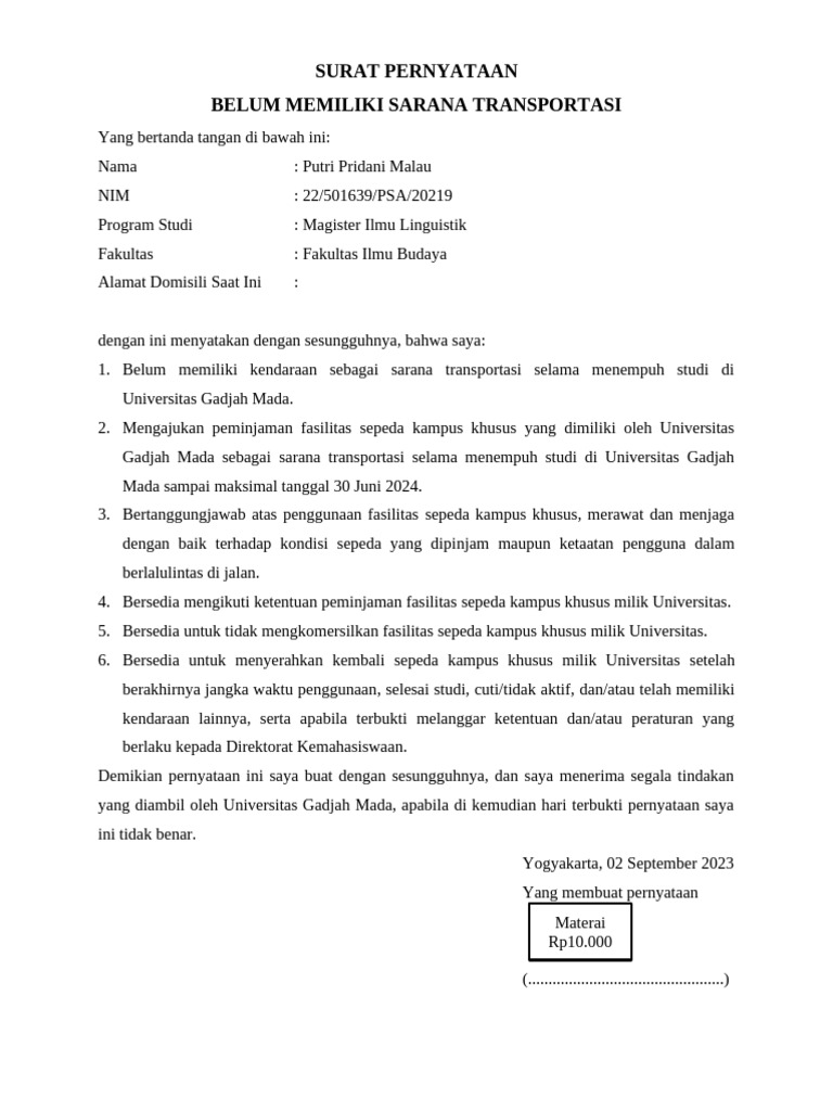 Surat Pernyataan Peminjaman Sepeda UGM | PDF