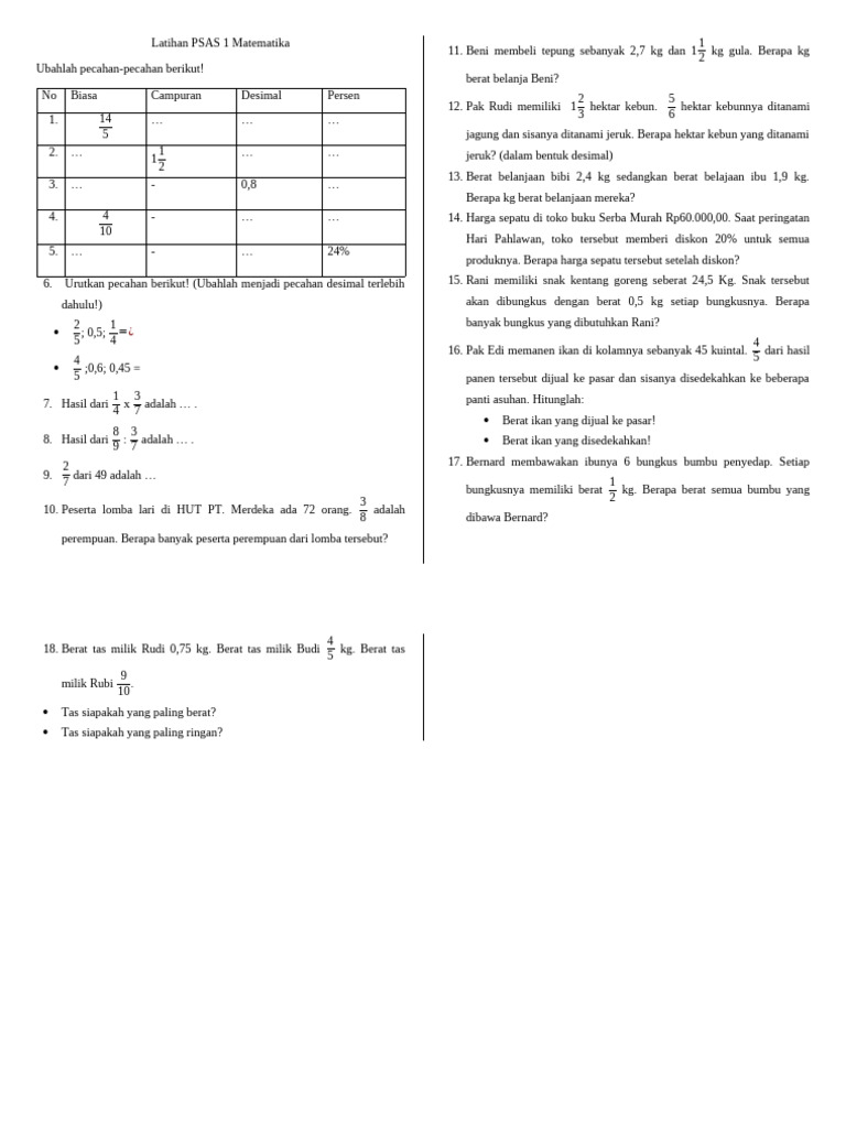 Latihan PSAS 1 Matematika | PDF