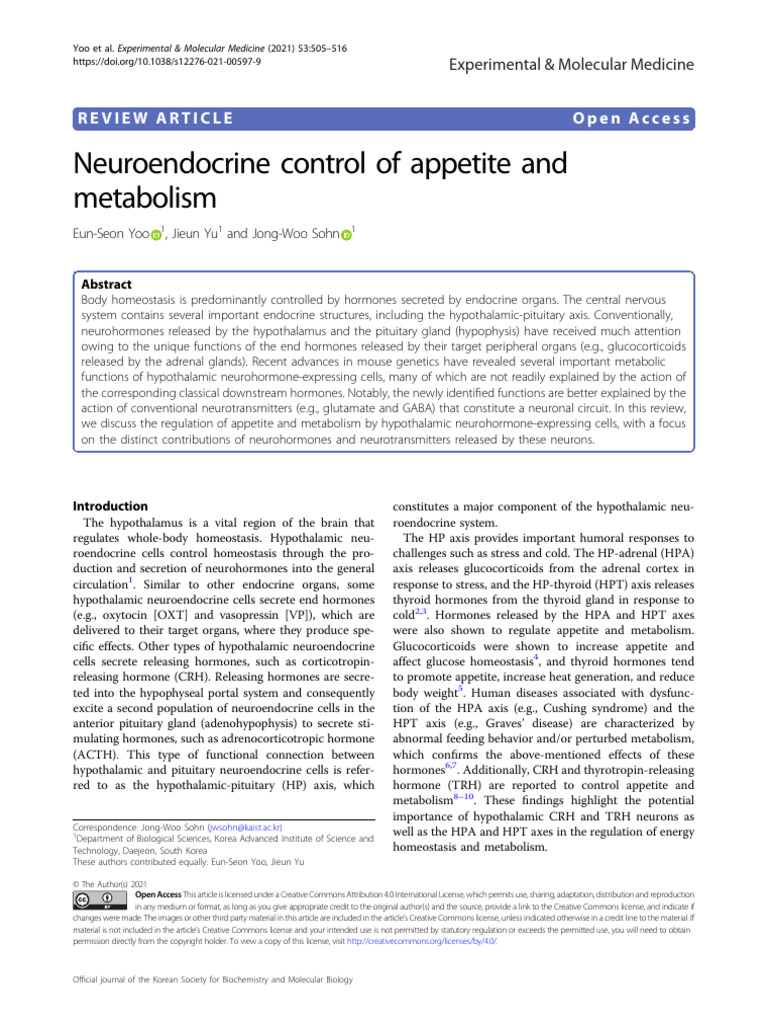 Neuroendocrine control of appetite and metabolism | PDF | Hypothalamus ...