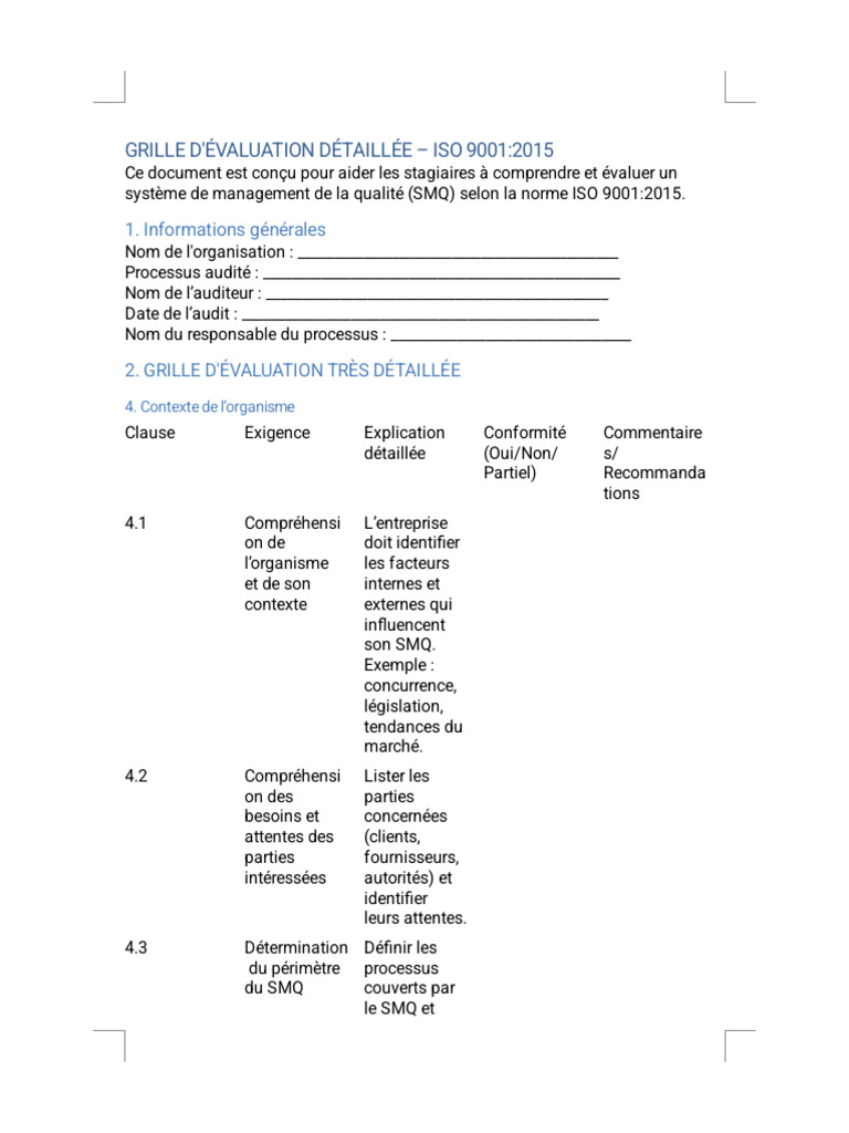 Grille d'évaluation ISO 9001:2015 | PDF | Système de management de la ...