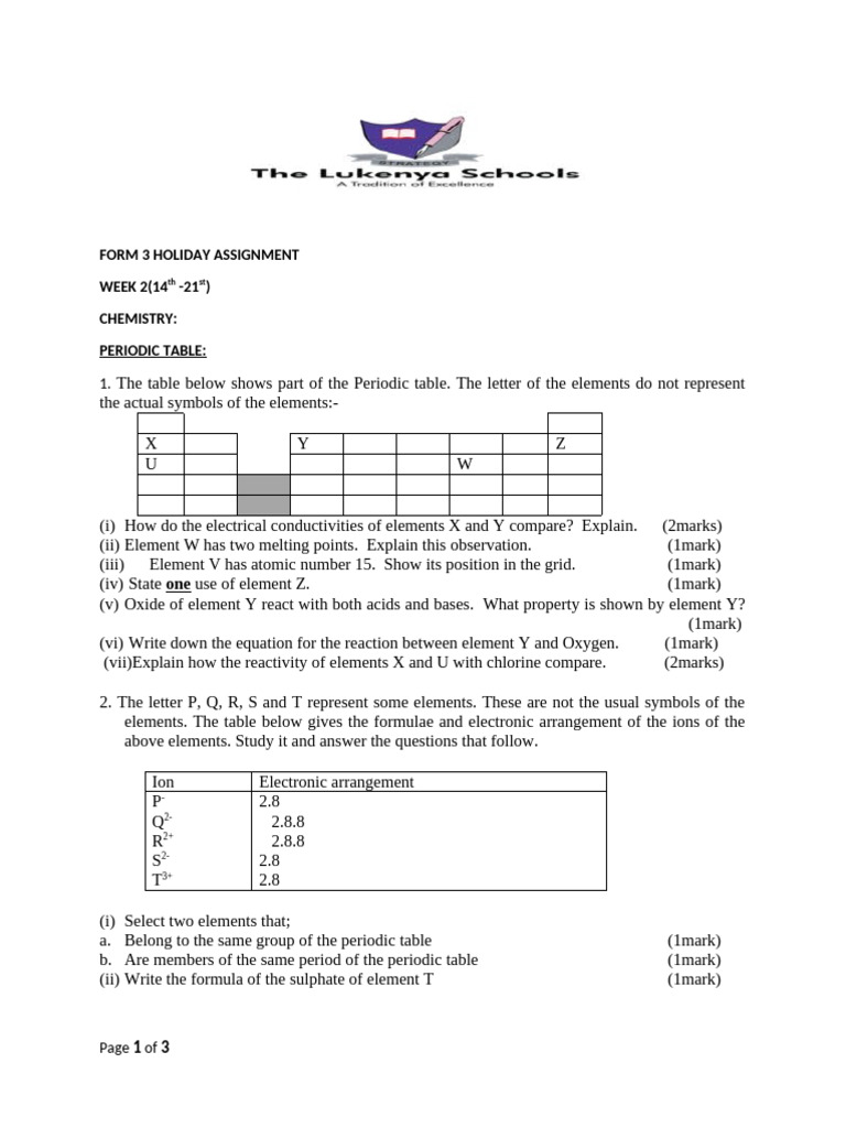 Form 3 Holiday Assignment Chemistry | PDF | Chemical Elements | Chemical Reactions
