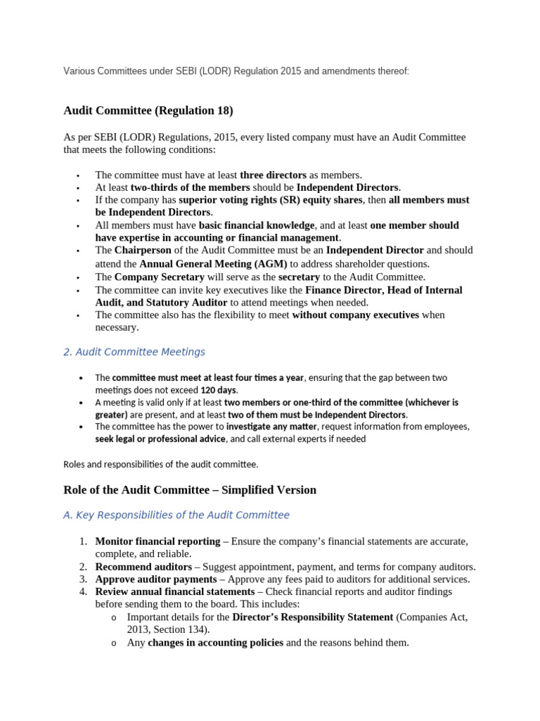 Various Committees under SEBI | PDF | Audit | Internal Control