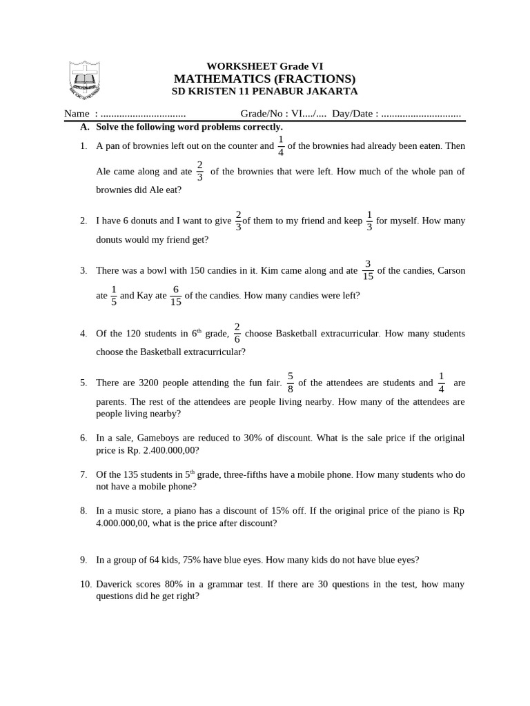 Worksheet Fraction-Word Problems | PDF