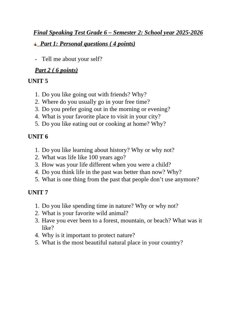 Grade 6 Speaking Test Questions | PDF