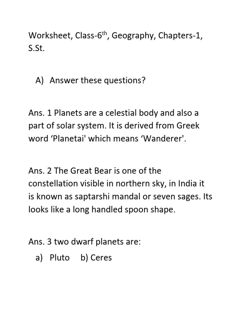 Class 6 Geography Worksheet: Chapter 1 | PDF | Planets | Sun